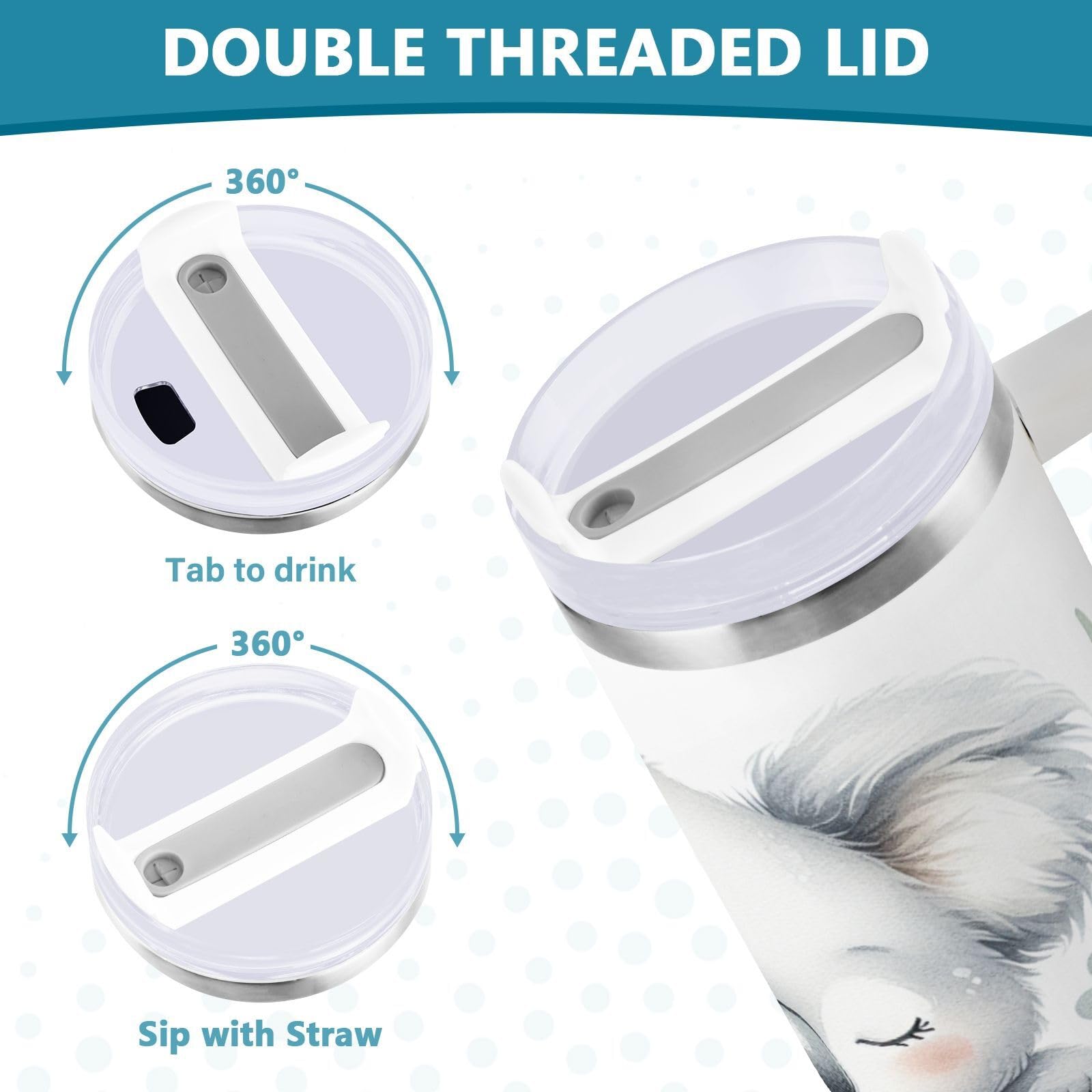 Jihqo Cute Sleeping Koala 40 oz Stainless Steel Vacuum Insulated Tumbler with Handle and Straw Lid, Leakproof Water Bottle Double Wall Travel Mug Coffee Cup, Cupholder Friendly