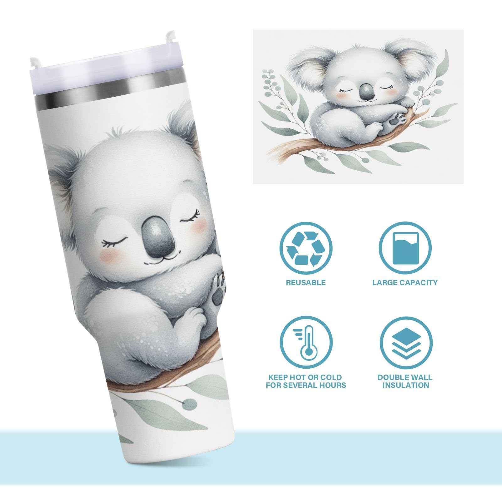 Jihqo Cute Sleeping Koala 40 oz Stainless Steel Vacuum Insulated Tumbler with Handle and Straw Lid, Leakproof Water Bottle Double Wall Travel Mug Coffee Cup, Cupholder Friendly