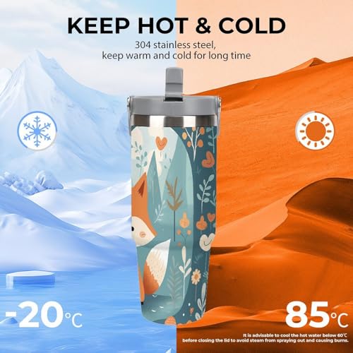 Fox And Heart 30oz Stainless Steel Insulated Tumbler with Straw & Foldable Handle - Leakproof, Double-Wall Vacuum Travel Thermos for Hot/Cold Drinks, Non-Slip Base, Fit Cup Holders