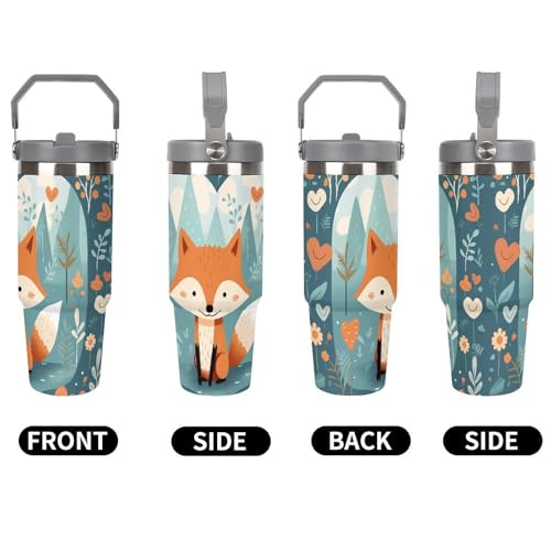 Fox And Heart 30oz Stainless Steel Insulated Tumbler with Straw & Foldable Handle - Leakproof, Double-Wall Vacuum Travel Thermos for Hot/Cold Drinks, Non-Slip Base, Fit Cup Holders