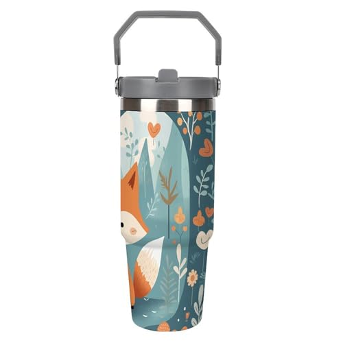 Fox And Heart 30oz Stainless Steel Insulated Tumbler with Straw & Foldable Handle - Leakproof, Double-Wall Vacuum Travel Thermos for Hot/Cold Drinks, Non-Slip Base, Fit Cup Holders