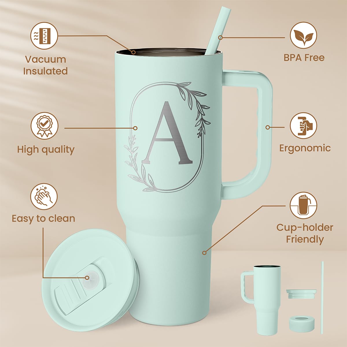 SANDJEST Stainless Steel Tumbler 40oz with Handle Initial A and Canvas Tote Bag