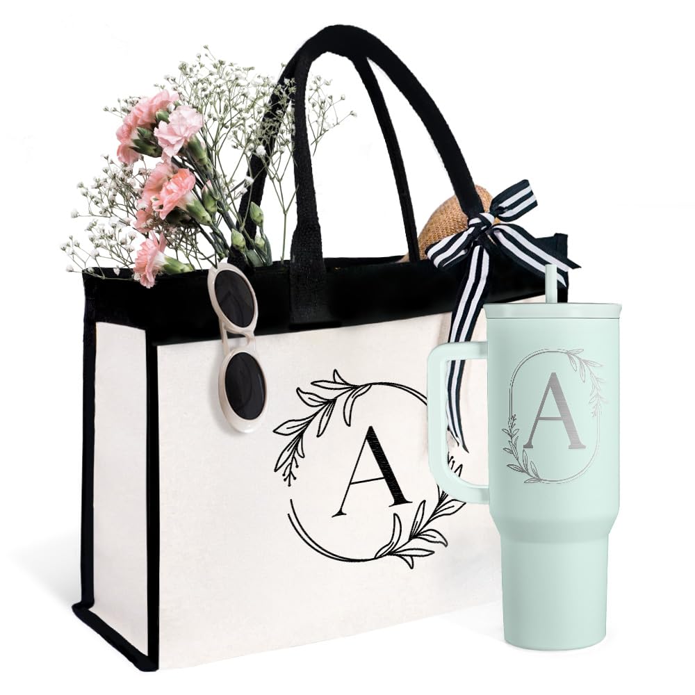 SANDJEST Stainless Steel Tumbler 40oz with Handle Initial A and Canvas Tote Bag
