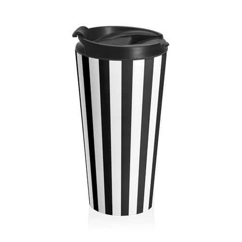 Black White Striped 15oz Stainless Steel Travel Mug, Screw on Lid Tumbler.