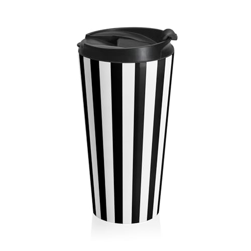 Black White Striped 15oz Stainless Steel Travel Mug, Screw on Lid Tumbler.