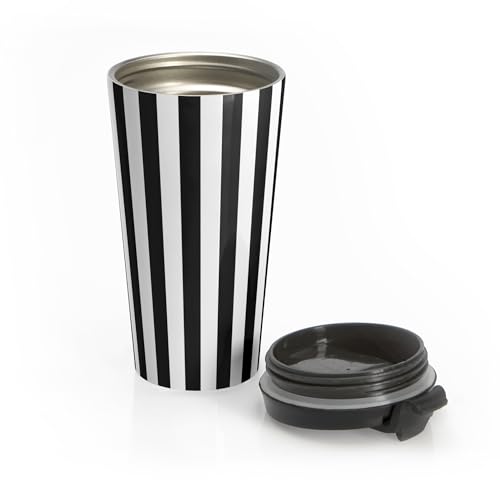 Black White Striped 15oz Stainless Steel Travel Mug, Screw on Lid Tumbler.