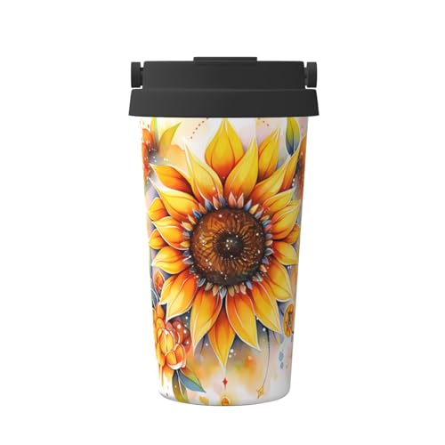 Yellow Sunflower in Oil Printed insulated coffee cup - leak-proof design, suitable for commuting, office and travel insulated cup,