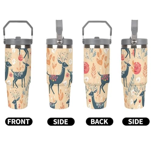 30oz Stainless Steel Insulated Tumbler with Flip Lid & Straw, Leakproof Travel Mug for Car, Deer Pattern Double Wall Vacuum Thermal Coffee Cup with Handle, Spill-Proof Design for Hot/Cold Drinks
