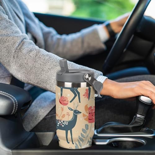 30oz Stainless Steel Insulated Tumbler with Flip Lid & Straw, Leakproof Travel Mug for Car, Deer Pattern Double Wall Vacuum Thermal Coffee Cup with Handle, Spill-Proof Design for Hot/Cold Drinks
