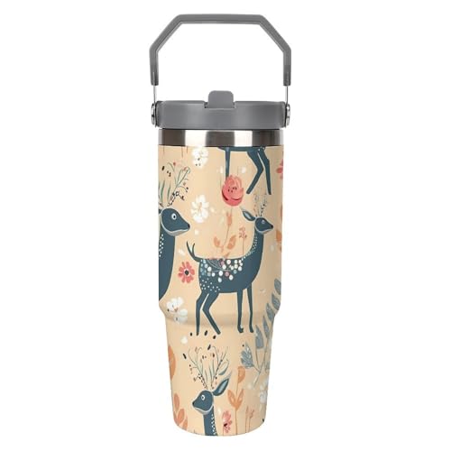 30oz Stainless Steel Insulated Tumbler with Flip Lid & Straw, Leakproof Travel Mug for Car, Deer Pattern Double Wall Vacuum Thermal Coffee Cup with Handle, Spill-Proof Design for Hot/Cold Drinks