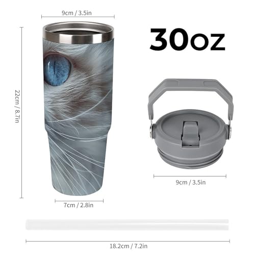30oz Stainless Steel Insulated Tumbler with Flip Lid & Straw, Leakproof Travel Mug for Car, Blue Eyes Cat Double Wall Vacuum Thermal Coffee Cup with Handle, Spill-Proof Design for Hot/Cold Drinks