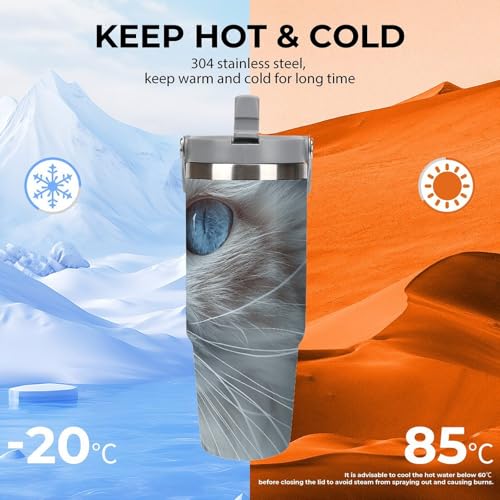 30oz Stainless Steel Insulated Tumbler with Flip Lid & Straw, Leakproof Travel Mug for Car, Blue Eyes Cat Double Wall Vacuum Thermal Coffee Cup with Handle, Spill-Proof Design for Hot/Cold Drinks