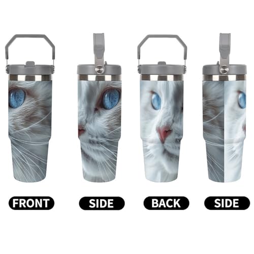 30oz Stainless Steel Insulated Tumbler with Flip Lid & Straw, Leakproof Travel Mug for Car, Blue Eyes Cat Double Wall Vacuum Thermal Coffee Cup with Handle, Spill-Proof Design for Hot/Cold Drinks