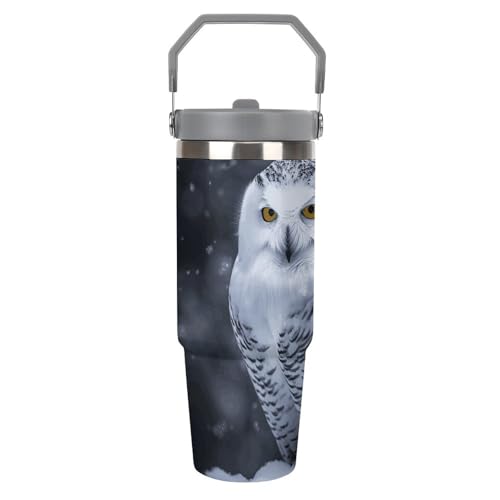 30oz Stainless Steel Insulated Tumbler with Flip Lid & Straw, Leakproof Travel Mug for Car, Arctic Owl Double Wall Vacuum Thermal Coffee Cup with Handle, Spill-Proof Design for Hot/Cold Drinks