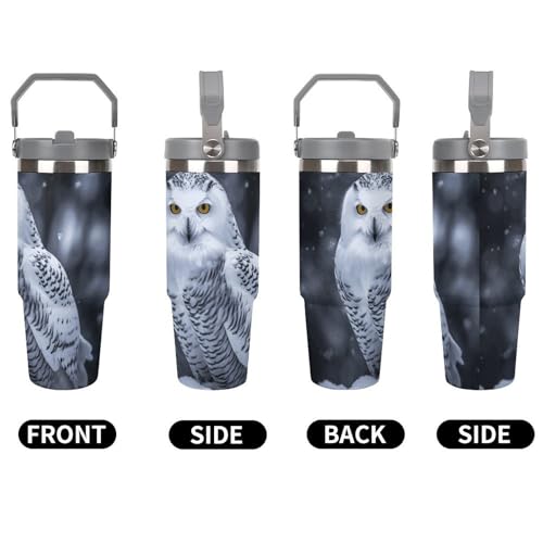 30oz Stainless Steel Insulated Tumbler with Flip Lid & Straw, Leakproof Travel Mug for Car, Arctic Owl Double Wall Vacuum Thermal Coffee Cup with Handle, Spill-Proof Design for Hot/Cold Drinks