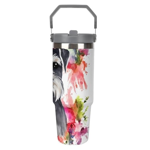 HJUQNGF 30oz Stainless Steel Insulated Tumbler with Flip Lid & Straw, Leakproof Travel Mug for Car, Schnauzer Double Wall Vacuum Thermal Coffee Cup with Handle, Spill-Proof Design for Hot/Cold Drinks