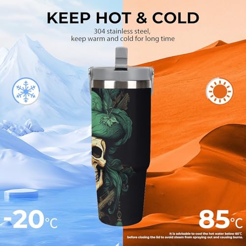 30oz Stainless Steel Insulated Tumbler with Flip Lid & Straw, Leakproof Travel Mug for Car, Pirate Skull Double Wall Vacuum Thermal Coffee Cup with Handle, Spill-Proof Design for Hot/Cold Drinks