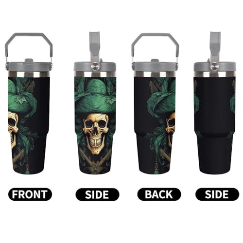 30oz Stainless Steel Insulated Tumbler with Flip Lid & Straw, Leakproof Travel Mug for Car, Pirate Skull Double Wall Vacuum Thermal Coffee Cup with Handle, Spill-Proof Design for Hot/Cold Drinks