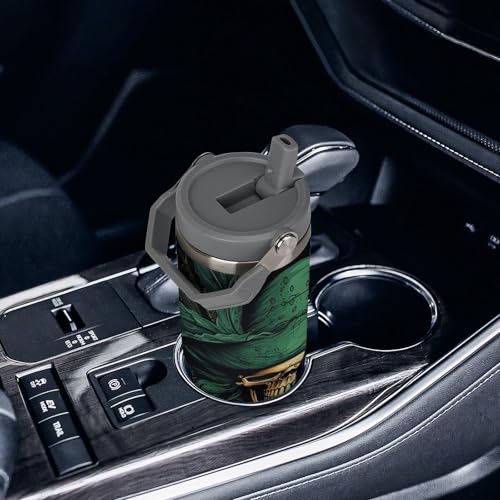 30oz Stainless Steel Insulated Tumbler with Flip Lid & Straw, Leakproof Travel Mug for Car, Pirate Skull Double Wall Vacuum Thermal Coffee Cup with Handle, Spill-Proof Design for Hot/Cold Drinks