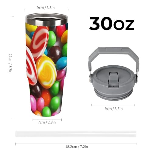 30oz Stainless Steel Insulated Tumbler with Flip Lid & Straw, Leakproof Travel Mug for Car, Colorful Candy Double Wall Vacuum Thermal Coffee Cup with Handle, Spill-Proof Design for Hot/Cold Drinks