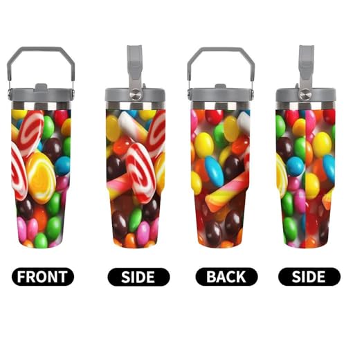 30oz Stainless Steel Insulated Tumbler with Flip Lid & Straw, Leakproof Travel Mug for Car, Colorful Candy Double Wall Vacuum Thermal Coffee Cup with Handle, Spill-Proof Design for Hot/Cold Drinks