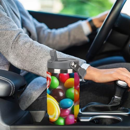 30oz Stainless Steel Insulated Tumbler with Flip Lid & Straw, Leakproof Travel Mug for Car, Colorful Candy Double Wall Vacuum Thermal Coffee Cup with Handle, Spill-Proof Design for Hot/Cold Drinks