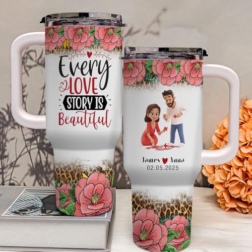 Personalized 40oz Tumbler with Handle – Valentine's baking-Custom Couple Gift for Anniversary Wedding Gift, Birthday, Mother's Day, Valentine’s Day BH83f0