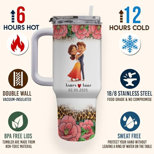 Personalized 40oz Tumbler with Handle – wedding morning text-Custom Couple Gift for Anniversary Wedding Gift, Birthday, Mother's Day, Valentine’s Day epcHFi