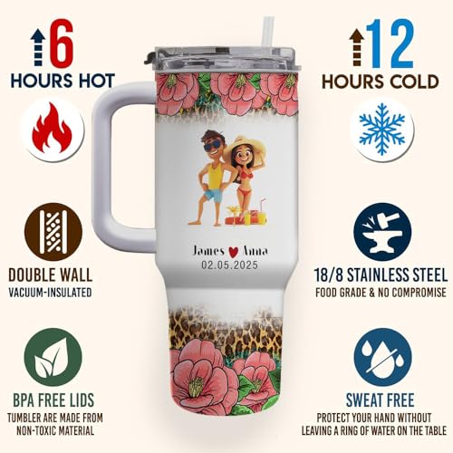 Personalized 40oz Tumbler with Handle – honeymoon beach-Custom Couple Gift for Anniversary Wedding Gift, Birthday, Mother's Day, Valentine’s Day rYXphM