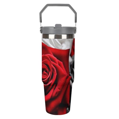 30oz Stainless Steel Insulated Tumbler with Flip Lid & Straw, Leakproof Travel Mug for Car, Black White And Red Roses Double Wall Vacuum Thermal Coffee Cup with Handle, Spill-Proof Design for Hot/Cold