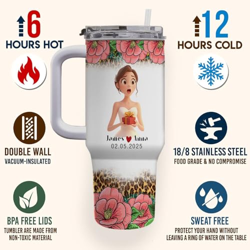 Personalized 40oz Tumbler with Handle – wedding kiss-Custom Couple Gift for Anniversary Wedding Gift, Birthday, Mother's Day, Valentine’s Day P64ppi