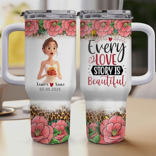 Personalized 40oz Tumbler with Handle – wedding kiss-Custom Couple Gift for Anniversary Wedding Gift, Birthday, Mother's Day, Valentine’s Day P64ppi