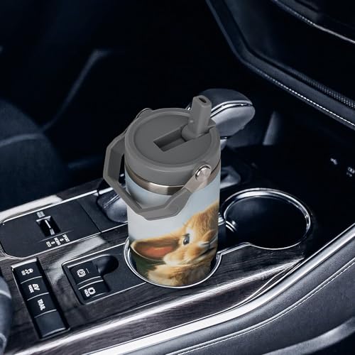 30oz Stainless Steel Insulated Tumbler with Flip Lid & Straw, Leakproof Travel Mug for Car, Cute Funny Rabbit Double Wall Vacuum Thermal Coffee Cup with Handle, Spill-Proof Design for Hot/Cold Drinks