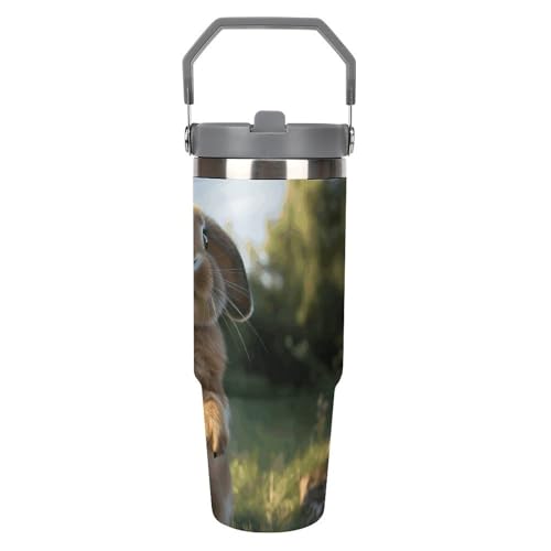 30oz Stainless Steel Insulated Tumbler with Flip Lid & Straw, Leakproof Travel Mug for Car, Cute Funny Rabbit Double Wall Vacuum Thermal Coffee Cup with Handle, Spill-Proof Design for Hot/Cold Drinks