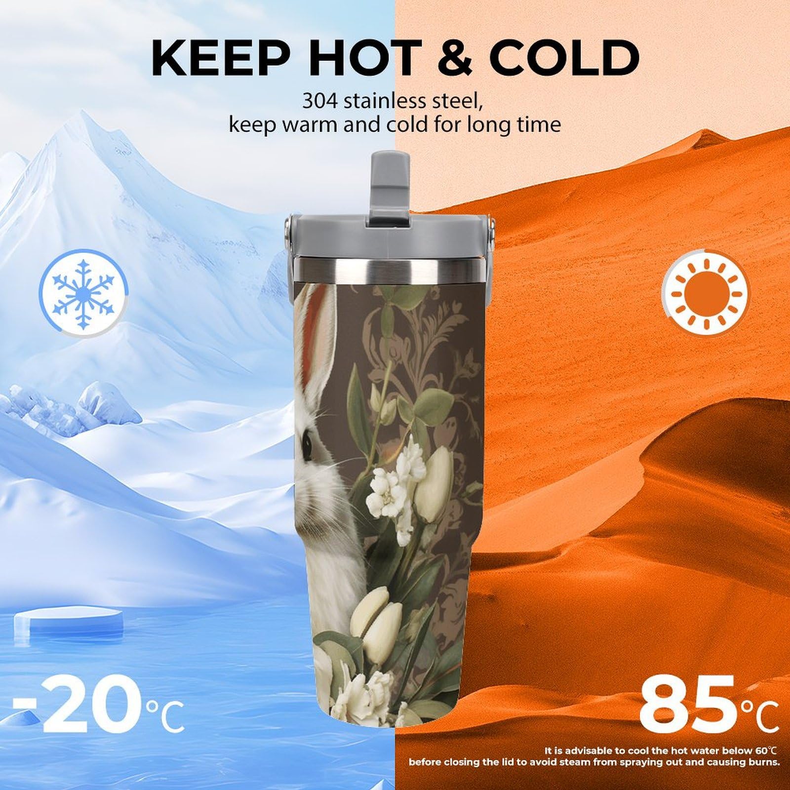 30oz Stainless Steel Insulated Tumbler with Flip Lid & Straw, Leakproof Travel Mug for Car, A Beautiful White Rabbit Double Wall Vacuum Thermal Coffee Cup with Handle, Spill-Proof Design for Hot/Cold