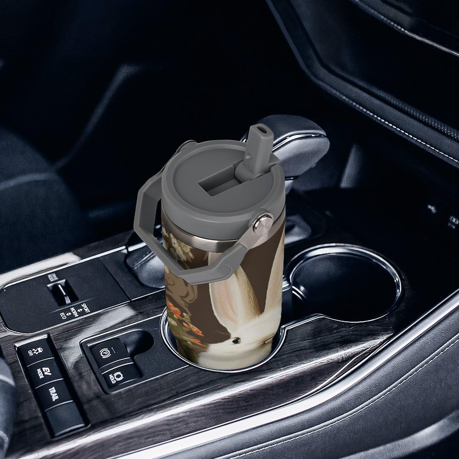 30oz Stainless Steel Insulated Tumbler with Flip Lid & Straw, Leakproof Travel Mug for Car, A Beautiful White Rabbit Double Wall Vacuum Thermal Coffee Cup with Handle, Spill-Proof Design for Hot/Cold