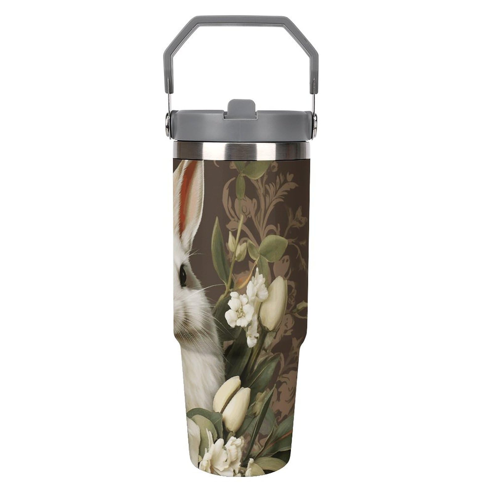 30oz Stainless Steel Insulated Tumbler with Flip Lid & Straw, Leakproof Travel Mug for Car, A Beautiful White Rabbit Double Wall Vacuum Thermal Coffee Cup with Handle, Spill-Proof Design for Hot/Cold