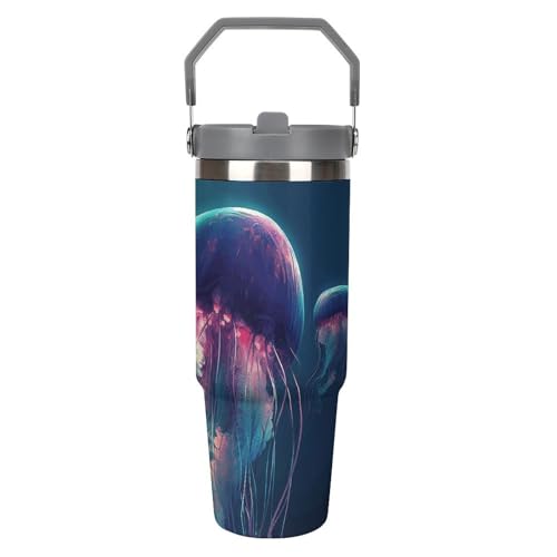 30oz Stainless Steel Insulated Tumbler with Flip Lid & Straw, Leakproof Travel Mug for Car, Color Jellyfish Double Wall Vacuum Thermal Coffee Cup with Handle, Spill-Proof Design for Hot/Cold Drinks