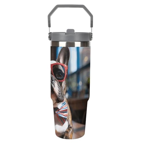 30oz Stainless Steel Insulated Tumbler with Flip Lid & Straw, Leakproof Travel Mug for Car, French Bulldog Wearing Sunglasses Double Wall Vacuum Thermal Coffee Cup with Handle, Spill-Proof Design for
