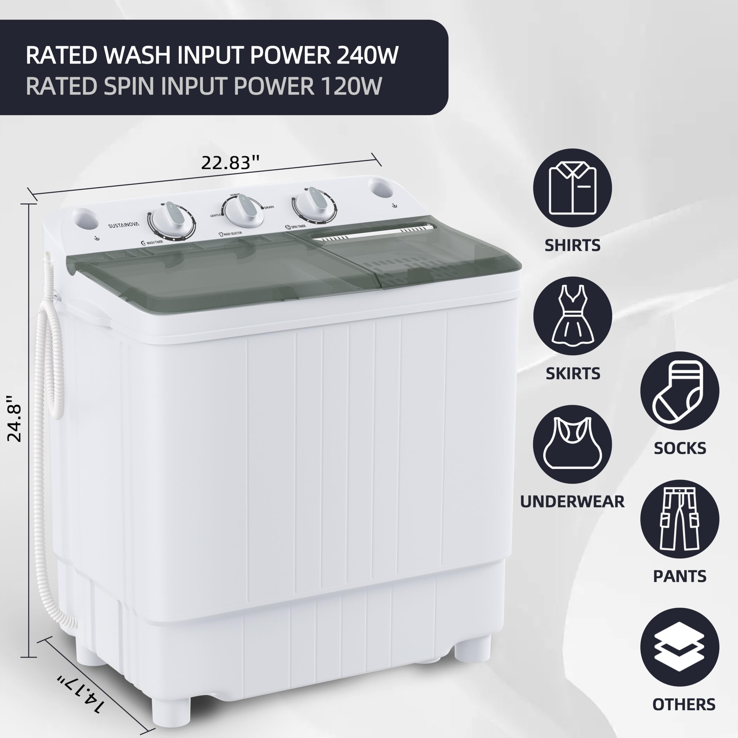 Sustainova Portable Washing Machine Twin Tub 9.9 Lbs Capacity, (7.7 Lbs) and Spinner(2.2 Lbs) Combo Mini Compact Laundry Washer for Home, Apartment, Camping, RVs and Dorms, Black/White