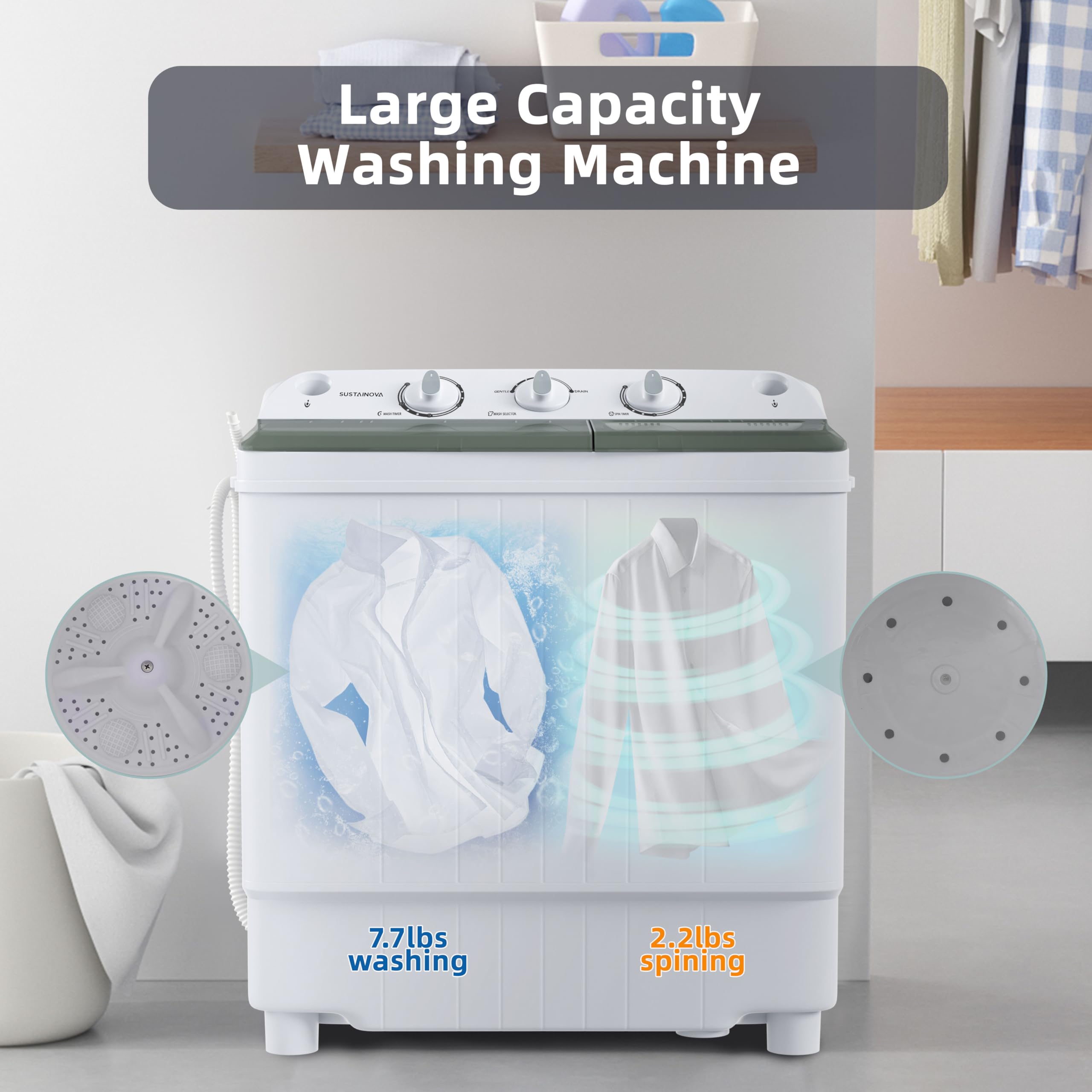Sustainova Portable Washing Machine Twin Tub 9.9 Lbs Capacity, (7.7 Lbs) and Spinner(2.2 Lbs) Combo Mini Compact Laundry Washer for Home, Apartment, Camping, RVs and Dorms, Black/White