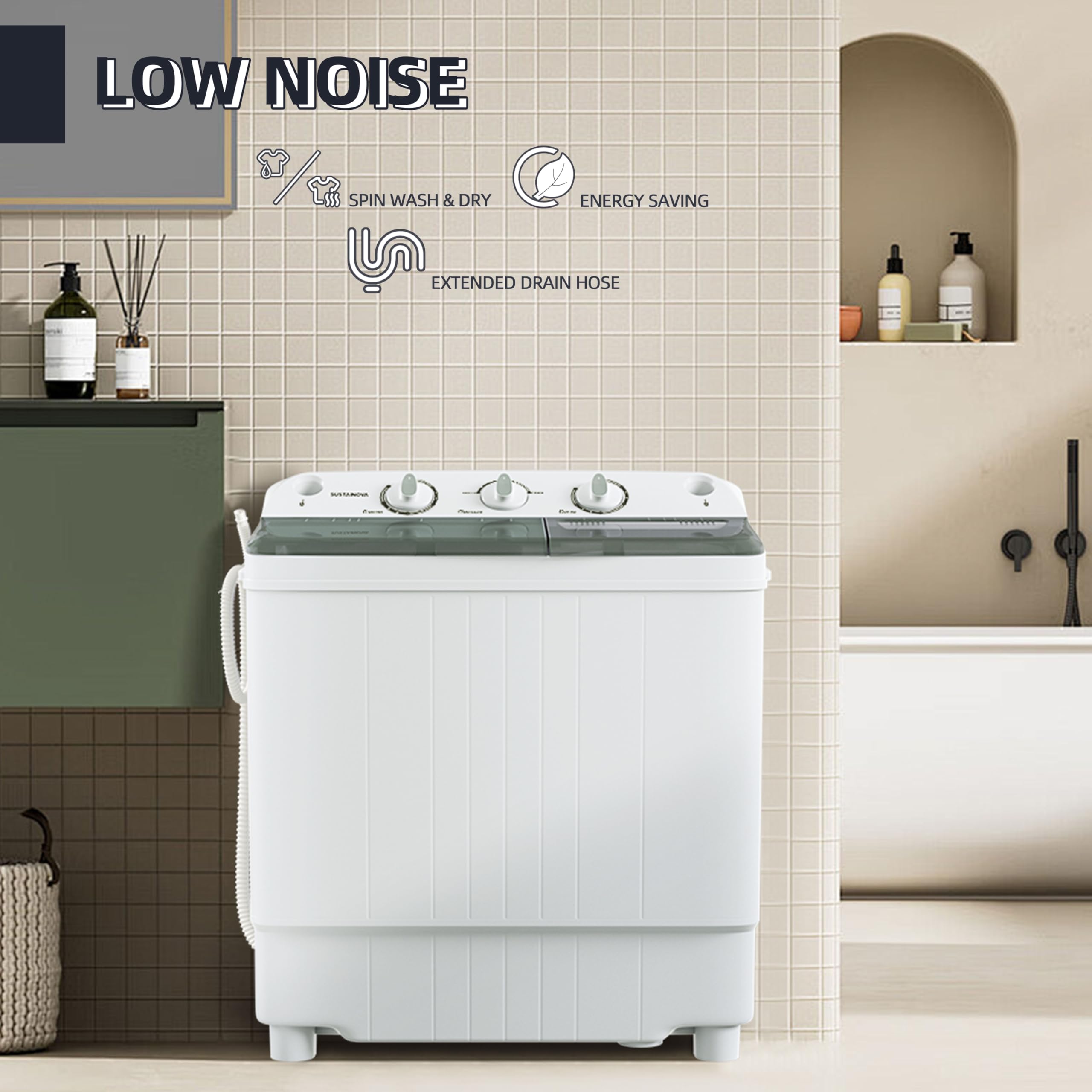 Sustainova Portable Washing Machine Twin Tub 9.9 Lbs Capacity, (7.7 Lbs) and Spinner(2.2 Lbs) Combo Mini Compact Laundry Washer for Home, Apartment, Camping, RVs and Dorms, Black/White