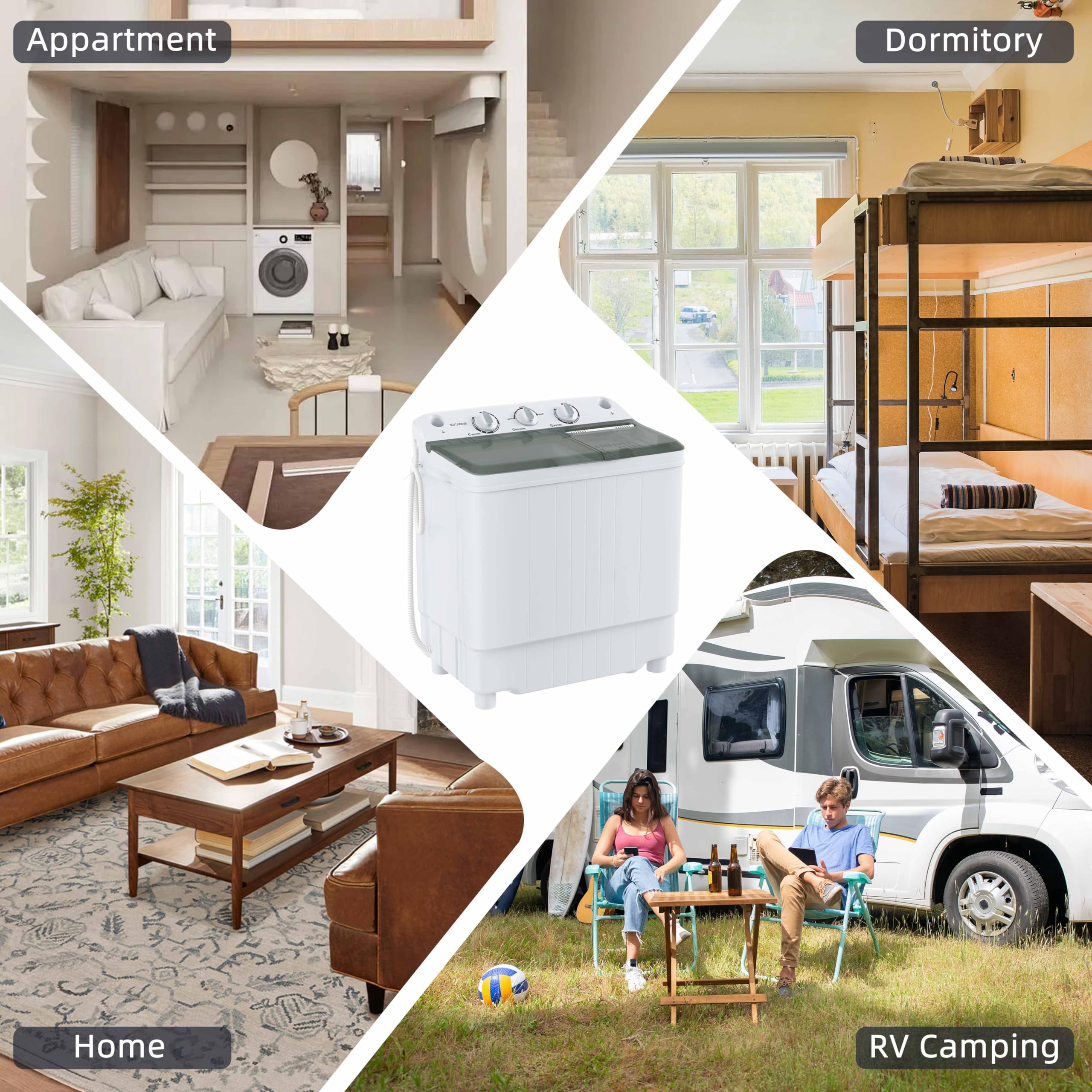 Sustainova Portable Washing Machine Twin Tub 9.9 Lbs Capacity, (7.7 Lbs) and Spinner(2.2 Lbs) Combo Mini Compact Laundry Washer for Home, Apartment, Camping, RVs and Dorms, Black/White
