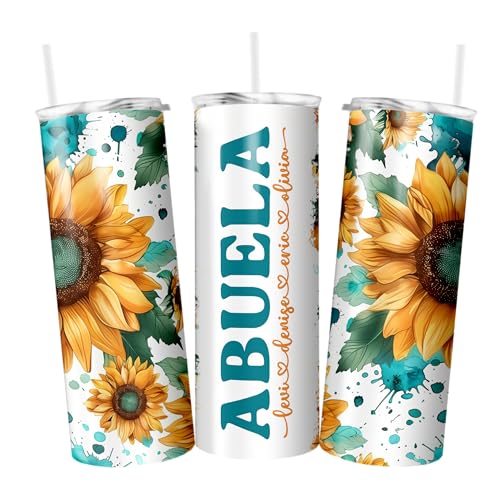 Personalized Abuela Tumbler, 20 oz Stainless Steel Sunflower Cup with Lid & Straw, Custom Grandma Gift with Grandkids’ Names, Spanish Grandmother Coffee Mug for Birthday, Mother’s Day or Christmas