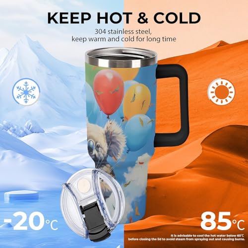 Koalas Balloons in Sky 40 Oz Stainless Steel Cup Travel Tumbler with Handle and Straw Lightweight Coffee Mug for Home Office