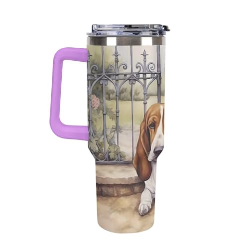 Basset Hound at The Gate 40 Oz Stainless Steel Cup Travel Tumbler with Handle and Straw Lightweight Coffee Mug for Home Office