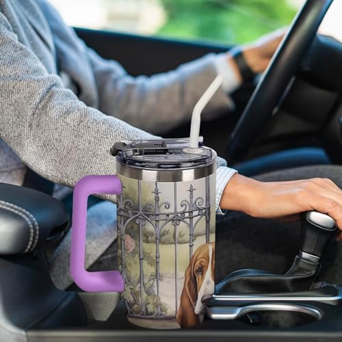 Basset Hound at The Gate 40 Oz Stainless Steel Cup Travel Tumbler with Handle and Straw Lightweight Coffee Mug for Home Office