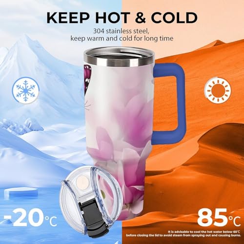 Magnolia Plant Flora Butterfly 40 Oz Stainless Steel Cup Travel Tumbler with Handle and Straw Lightweight Coffee Mug for Home Office