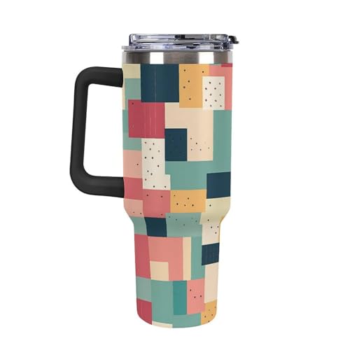 Colorful Blocks 40 Oz Stainless Steel Cup Travel Tumbler with Handle and Straw Lightweight Coffee Mug for Home Office
