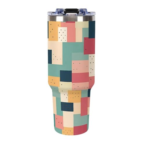 Colorful Blocks 40 Oz Stainless Steel Cup Travel Tumbler with Handle and Straw Lightweight Coffee Mug for Home Office